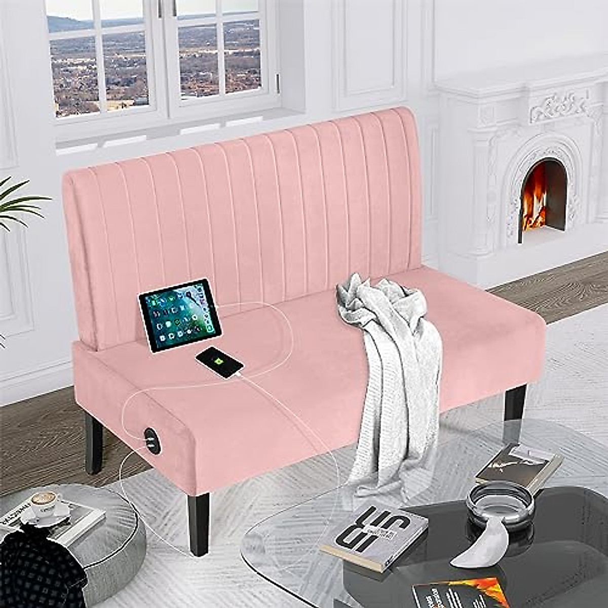 STHOUYN 43" W Mini Small Comfy Couch Armless Loveseat Sofa for Bedroom with USB Port, Velvet Pink Small Couches for Small Spaces Living Room, Apartment Office Dorm (Pink)