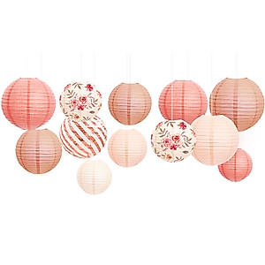 NICROLANDEE Wedding Party Decorations - 12PCS Rose Gold Vintage Floral Paper Lanterns Hanging Decorations for Engagement, Anniversary, Bridal Shower, Baby Shower, Bachelorette, Birthday Party