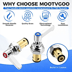 MOOTVGOO 2 Pack Handle Stem Assembly, Blue Cold and Red Hot Side Spindle Assembly Valve Replacement for T&S Brass Faucets, Replace 002714-40 002713-40