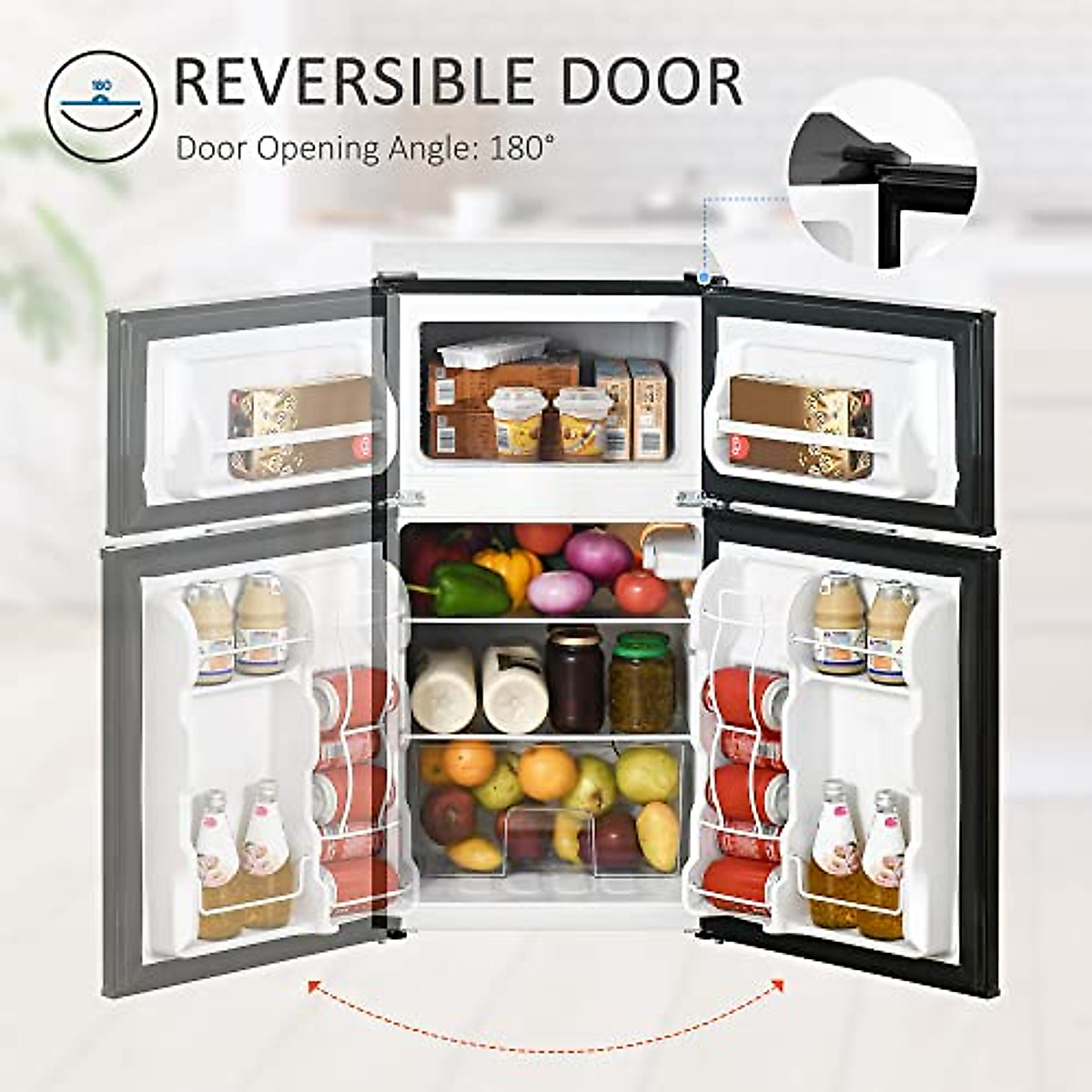 HOMCOM Double Door Mini Fridge with Freezer, 3.2 Cu.Ft Compact Refrigerator with Adjustable Shelf, Adjustable Thermostat and Reversible Door for Bedroom, Dorm, Home Office, Black