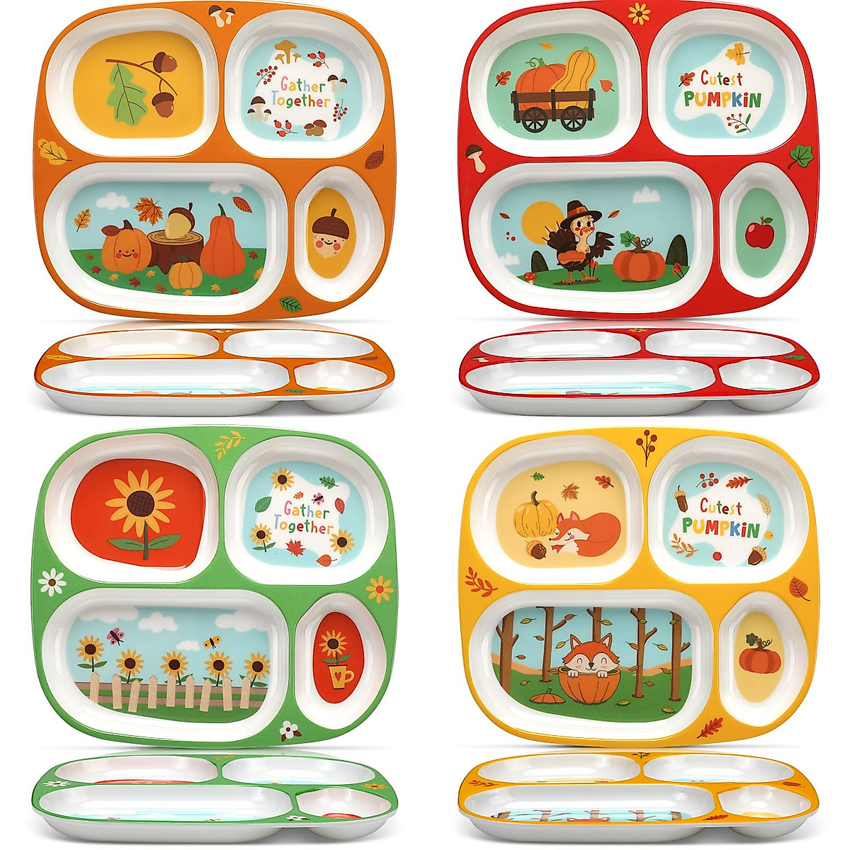 Suttmin 8 Pcs Fall Thanksgiving Kids Divided Plates Fall Plates Dinnerware Set for Kids Bulk Plastic Thanksgiving Themed Serving Dishes Pumpkin Turkey Sunflower Pine Nut Self-Feeding Dishwasher Safe