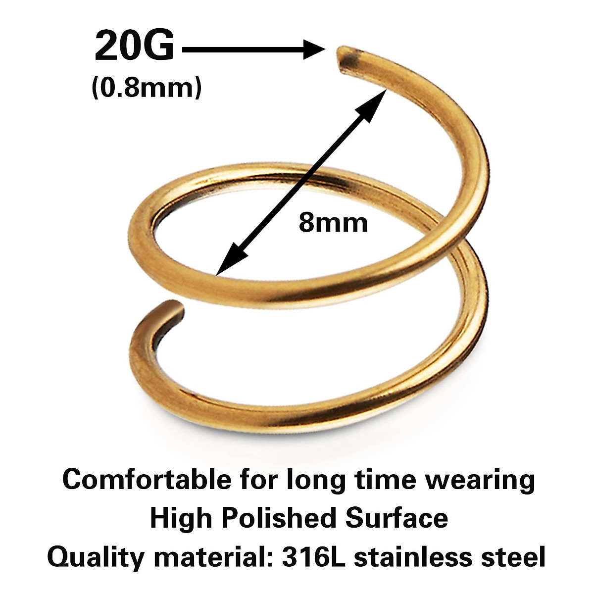 Double Nose Ring for Single Piercing, Gold Double Hoop Nose Ring 20 Gauge, Spiral Nose Rings for Women/Girl, Two in One Nose Ring Hoop, nose ring that looks like double piercing, faux double nose ring