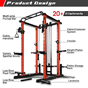 RitFit Multi-Function Power Rack Cage PPC03 with Adjustable Cable Crossover System,1000LBS Capacity, Full Home Gym Workout with J-Hook, Landmine and Other Attachments-Orange