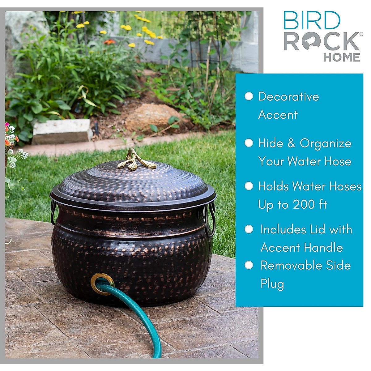 BIRDROCK HOME Decorative Water Hose Holder with Lid | Holds 200ft Hoses | Distressed Bronze | Ground Garden Hose Pot | Handle | Embossed | Steel Metal with Copper Accents | Outdoor or Indoor Use