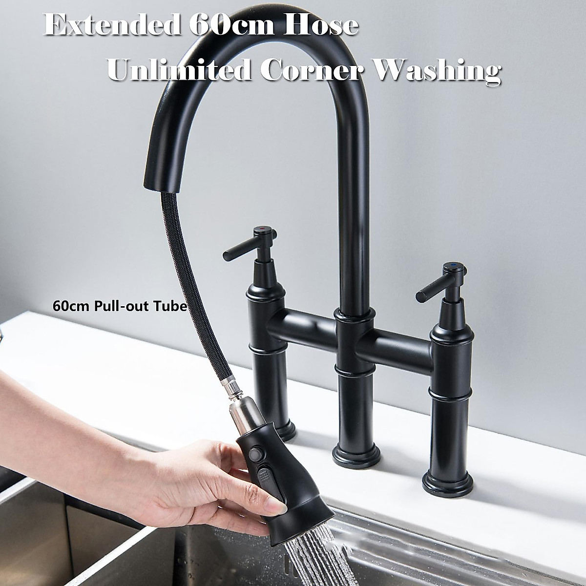 Kitchen Faucet with Pull Down Sprayer, Kitchen Sink Faucet 360° Swivel, 2 Handle Kitchen Faucet 3 Holes, Stainless Steel Kitchen Faucet Gold