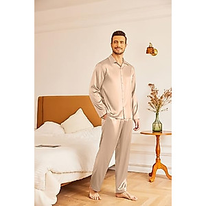 Ekouaer Mens Silk Pajama Set Long Sleeve Button Down Shirts Pjs Pants Set Satin Sleepwear Loungewear Set with Pockets Champagne L
