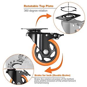4 Inch Caster Wheels, Casters Set of 4 Heavy Duty, Industrial Casters with Brake, Polyurethane Foam No Noise Casters, Locking Swivel Plate Casters for Furniture&Workbench Cart(Free Two Hardware Kits)