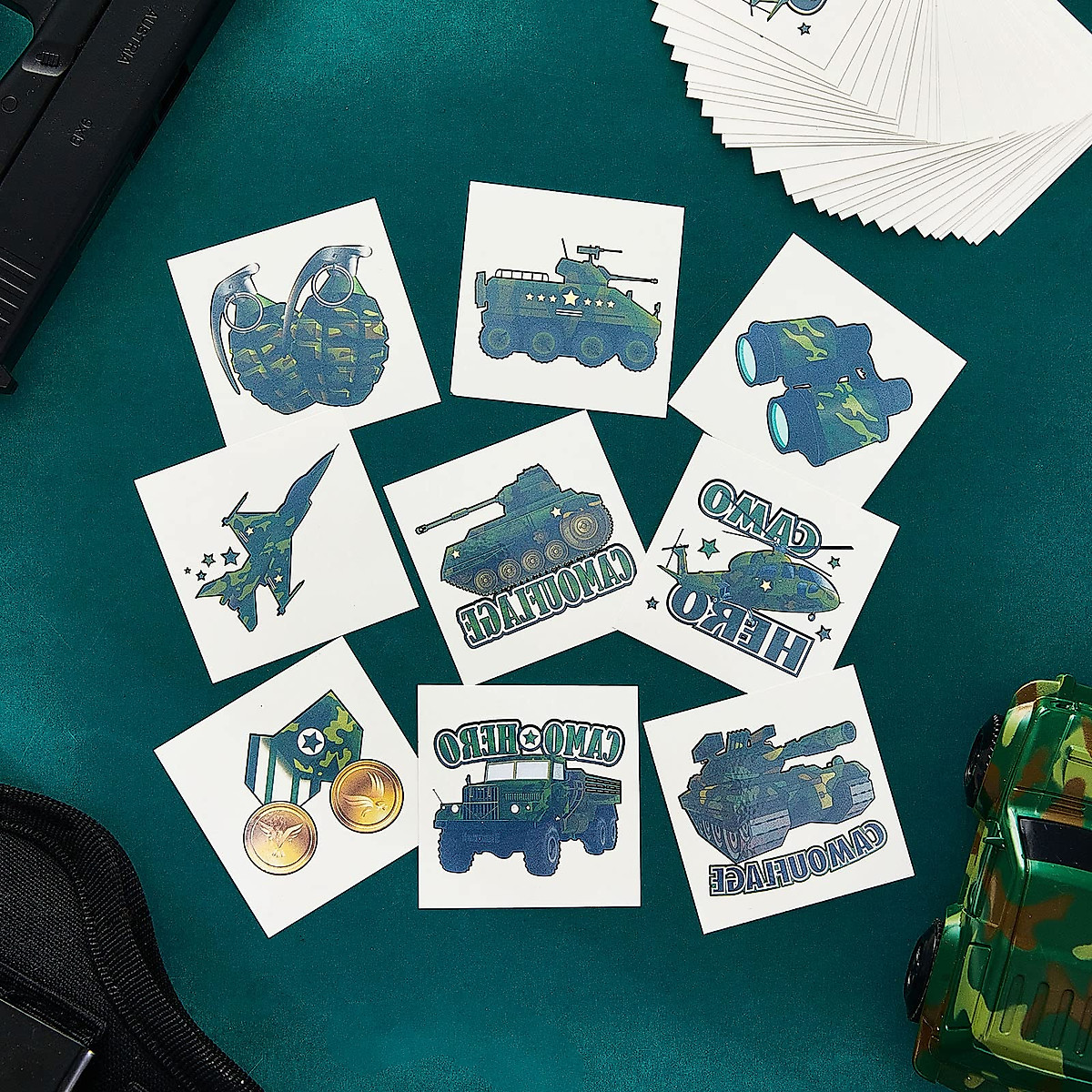 144 Sheets Camouflage Tattoo Camouflage Army Party Favors Military Tank Helicopter Fake Tattoos Stickers for Men Boys, 9 Styles