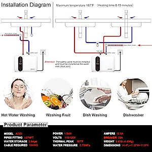110V-120V 1.5Kw Instant Electric Hot Water Heater Under Kitchen Small Tank 2.5-3.0 Gallon Storage,Rv Trailer Instant Counter Compact Point-of-Use,2 PCs 16” Long 1/2”FIP Stainless Steel Water Hose 11L