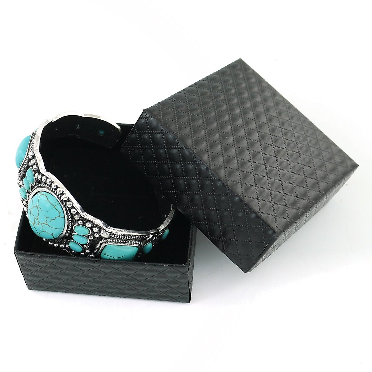 jianxi Women's Antique Rgentium Plated Base Heart Compressed Turquoise Bracelet Cuff Bangle Fashion Jewelry (1323-A)