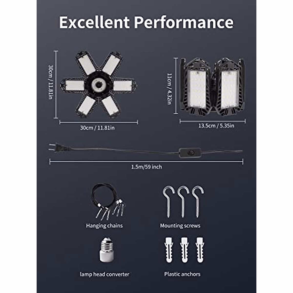 LED Garage Light, 185W 18500LM Plug in LED Shop Light, Linkable Garage Light with Plug Deformable 6 Panels, 6500K LED Garage Ceiling Lights for Garage, Warehouse, Barn, Basement Built-in ON/Off