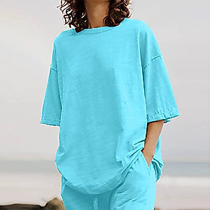 Matching Sets for Women, Two Piece Outfits for Women Summer Tops Dressy Casual Linen Sets 3/4 Sleeve Crewneck Tshirts Straight Wide Leg Pants Blusas de Mujer