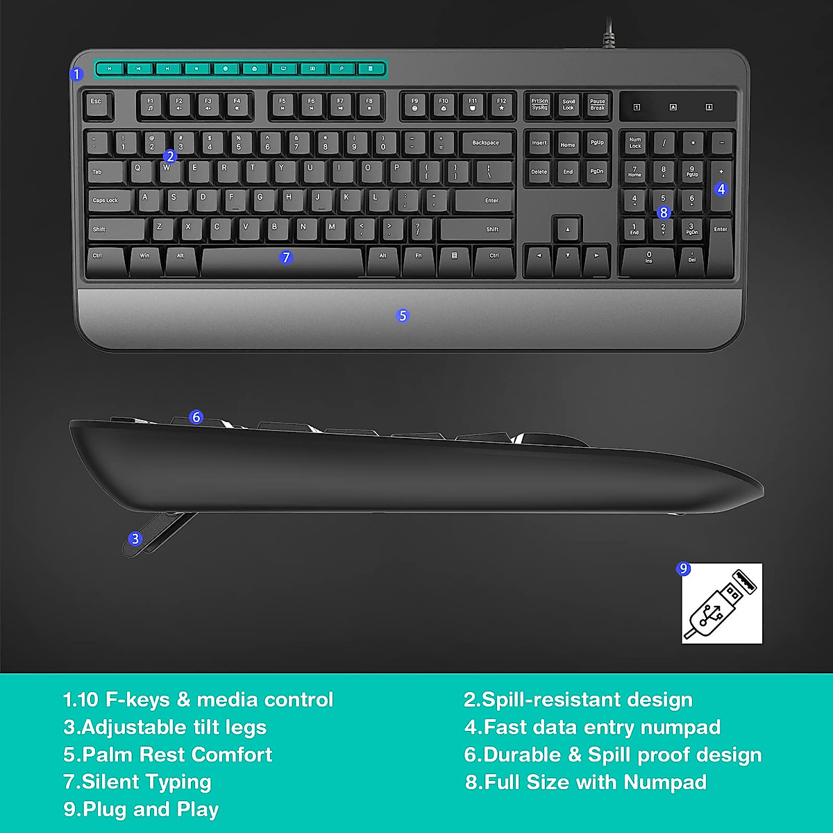 Wired Keyboard and Mouse Combo, Full-Sized Ergonomic Computer Keyboard with Palm Rest and Optical Wired Mouse for Windows, Mac OS Desktop/Laptop/PC