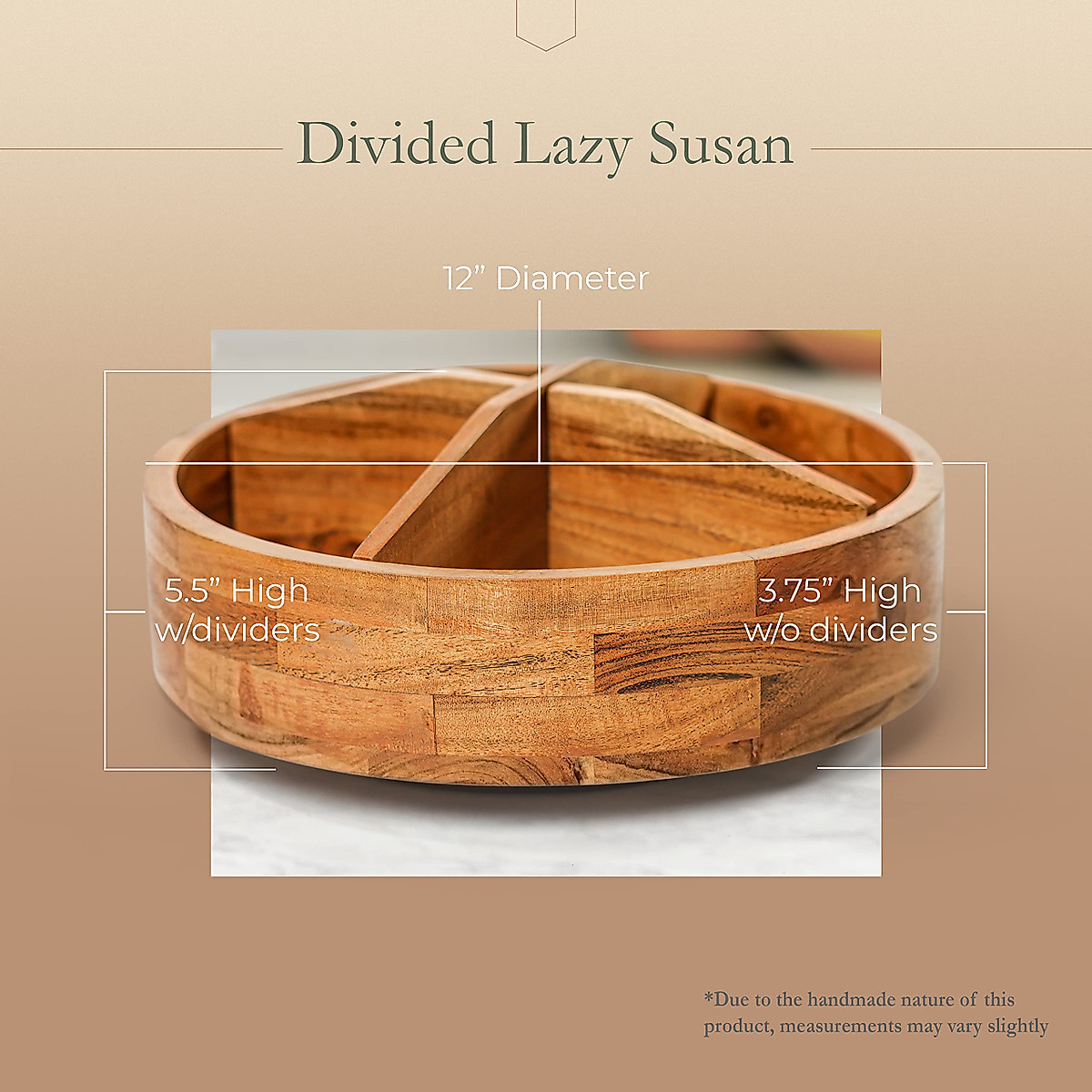 BlackRidge Home 12 inch Acacia Wood Large Lazy Susan Organizer with Removable Dividers, 1, 2 or 4 Sections, Wooden Lazy Susan for Table, Wood Lazy Susan Turntable, Kitchen, Cabinet, Counter or Pantry