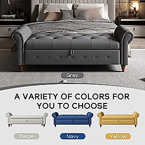 NIOIIKIT 63'' Storage Ottoman Bench, End of Bed Button Tufted Ottoman Bench, Rolled Armed Ottoman Couch Long Bench for Bedroom, Living Room, End of Bed, Hallway(Grey, Polyster)