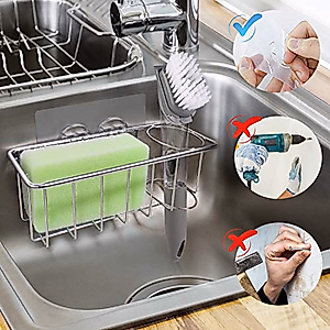 FEBBI Sponge Holder, SUS304 Stainless Steel Kitchen Sink Organizer, Sponge & Brush Holder 2-in-1 Sink Caddy Rust Proof, Water Proof & No Drilling(Come with 2 PCS Adhesives)