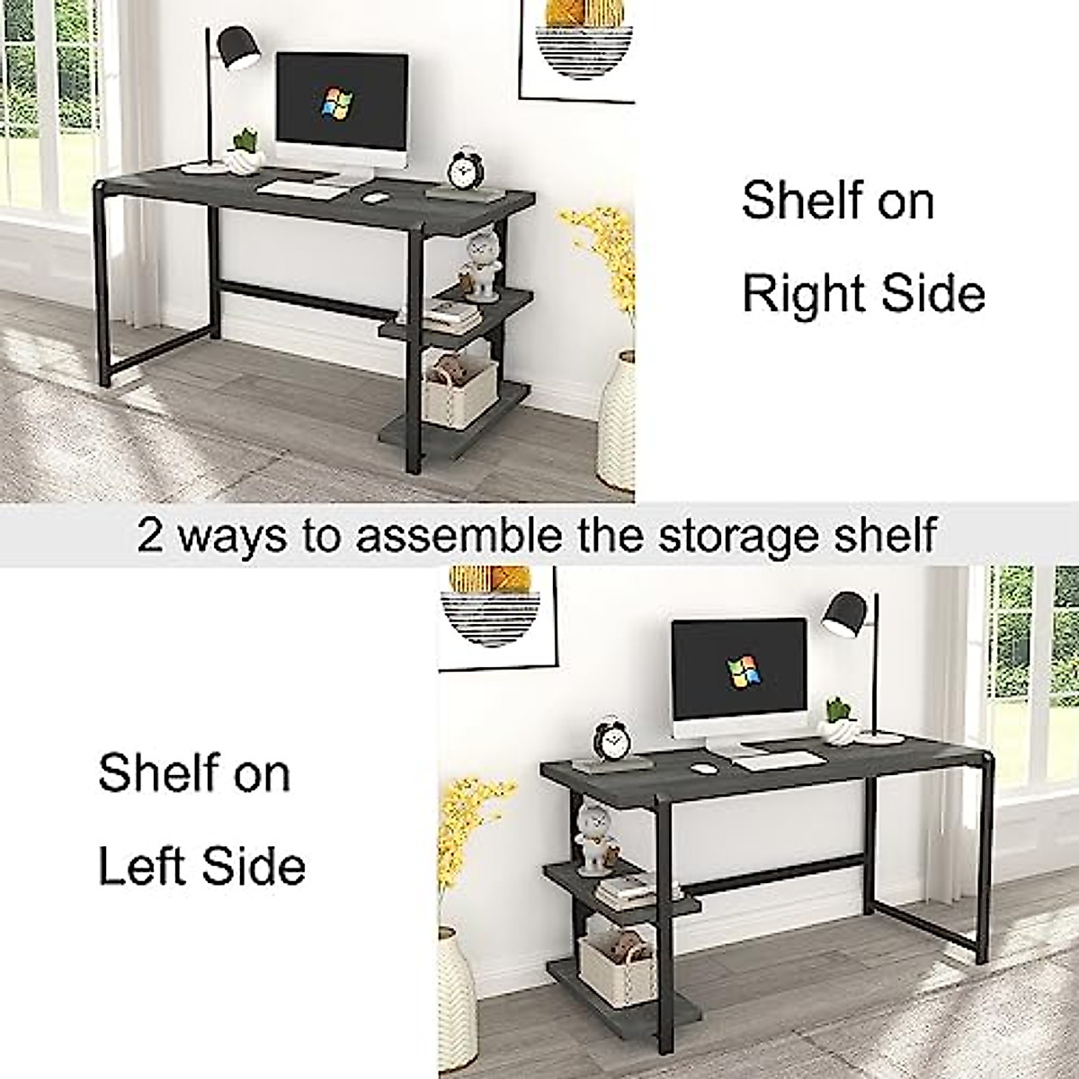 EXCEFUR Industrial Computer Desk with Shelves, 55 inch Rustic Wood and Metal Work Study Writing Table for Home Office, Grey