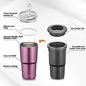5 In 1 Freezable Can Cooler, Insulated Stainless Steel 24 oz Tumbler with Freezable Drink Can Cooler for all 12 oz Slim Can,Regular Can,Beer Bottle & All Drinks（Pink）