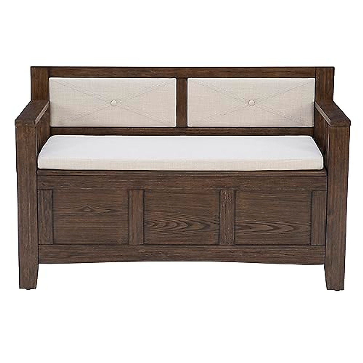 Linon Umber Brown Carlton Rustic Storage Bench with Beige Upholstered Back and Cushioned Seat