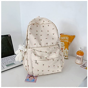 ZHHUIZ Kawaii Backpack Flower Backpack with Bear Pendant, Aesthetic School Bag Bookbag Japanese Ita Bags Cute Daypack (White), One Size