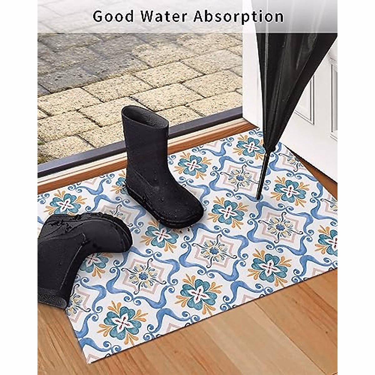 Front Entrance Floor Mats, Non Slip Bathroom/Kitchen Mat Absorbent Durable Small Rugs, St. Patrick's Day Four Leaf Clover Retro Tile Pattern Door Mat Indoor/Outdoor Carpet Shoes Scraper 16x24 inch
