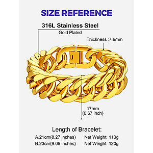 Richsteel Men and Women Sturdy Curb Cuban Link Chain Bracelet Gold Plated 316L Stainless Steel Jewelry