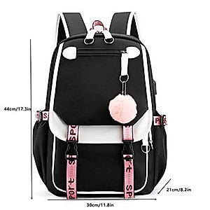 HANXIUCAO Girl Backpack 20-35L Large Capacity Oxford Cloth School Bag Outdoor Rucksackwith USB Charging and Headphone Port for Students (black and pink)