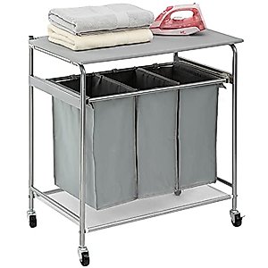 PARANTA Laundry Sorter Cart with Ironing Board Side pull 3-Bag Heavy-Duty 4 Wheels Laundry Hamper Light Grey