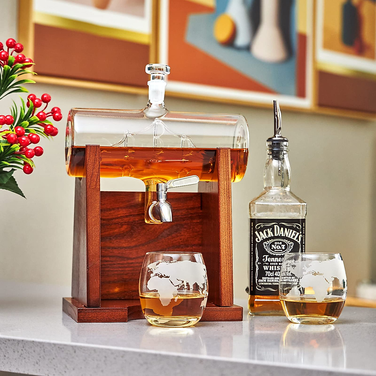 Glolaurge Whiskey Decanter with 2 Globe Glasses, 1250ml Ship Whiskey Decanter Set for Men, Liquor Bourbon Decanter Gift for Him