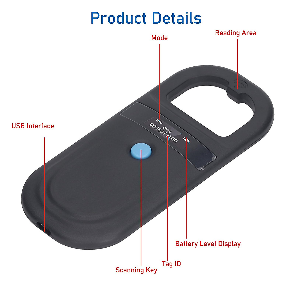 Microchip Reader 0.91 Inch Screen Animal Pet Chip ID Scanner, Wireless Identification, 128 Label Storage