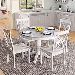 RUNWON 5-Piece Set Marble Top Round Dining Table and X Back Wood 4 Chairs for Kitchen Family, White