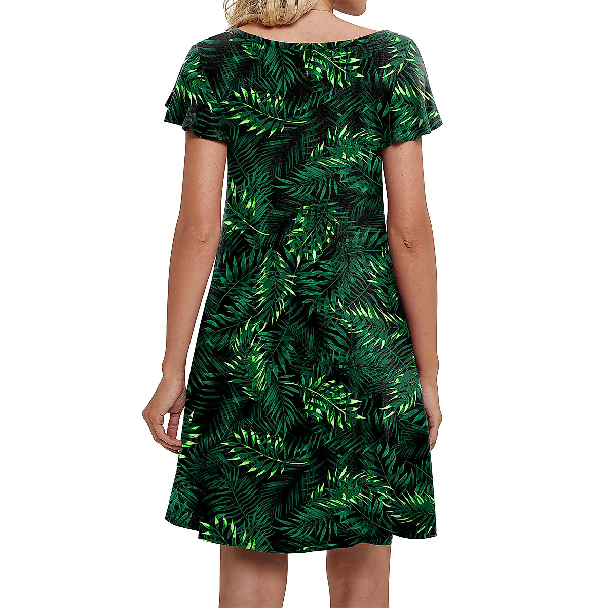 Askyes Womens Summer Spring Dresses Swing T-Shirt Beach Sun Dress Short Sleeve Round Neck Casual Dress,Green Leaf Flower,M