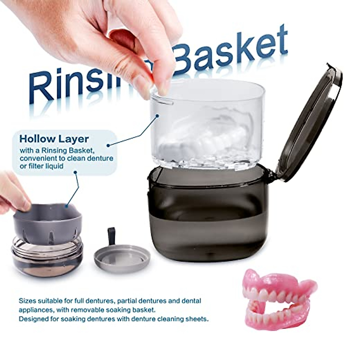 Denture Case Kit - 2 Pack - Definitely No-Leak Denture Bath Case for Home and Travel Kits Denture Cup with Strainer & Magnetic Mirror,Completely Clean Care for Retainer, Mouth Guard, & Denture (Grey)