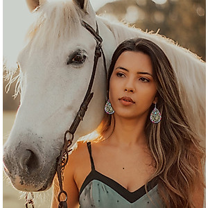 TOBENY 9 Pairs Western Earrings for Women Cowgirl Cowboy Earrings Set Boho Vintage Turquoise Cow Printed Leather Wooden Teardrop Dangle Earrings Western Jewelry for Women