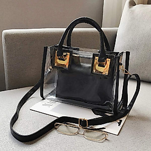 RainboSee Women 2Pcs Small Tote Clear Shoulder Top-handle Bag PVC Transparent Satchel Candy Handbag Clutch Purse Wallet Black