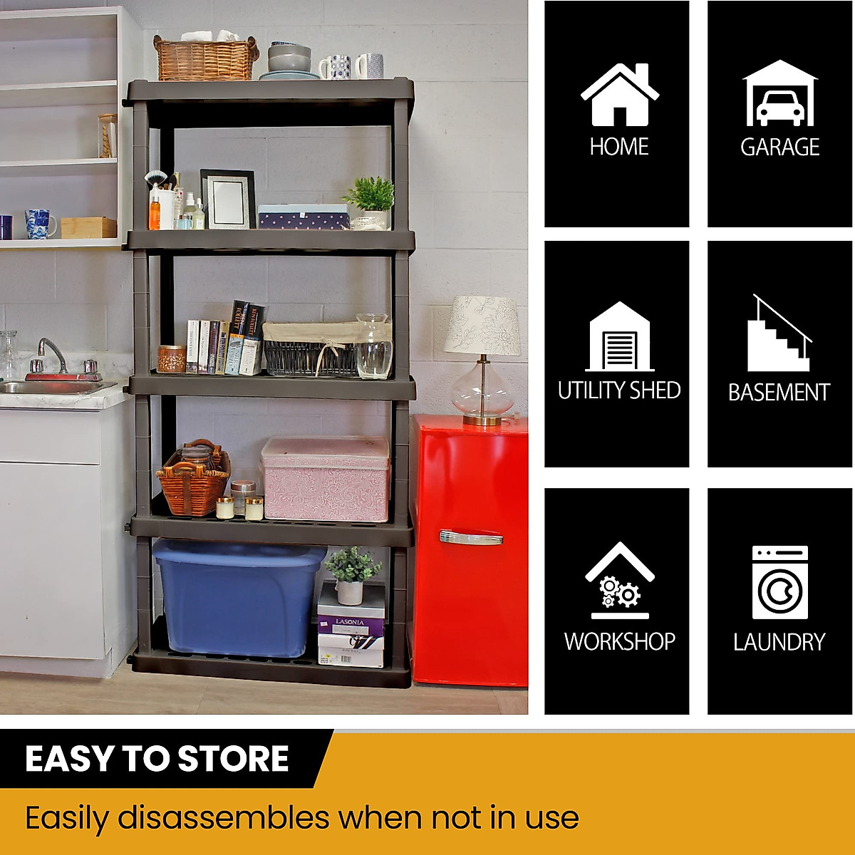 Koolatron Garage Shelving Heavy Duty Storage Shelves for Garage Storage, 5-Shelf Plastic Shelving Unit Adjustable Garage Storage Utility Rack, Heavy Duty Shelving, Basement Storage Rack, Matte Black