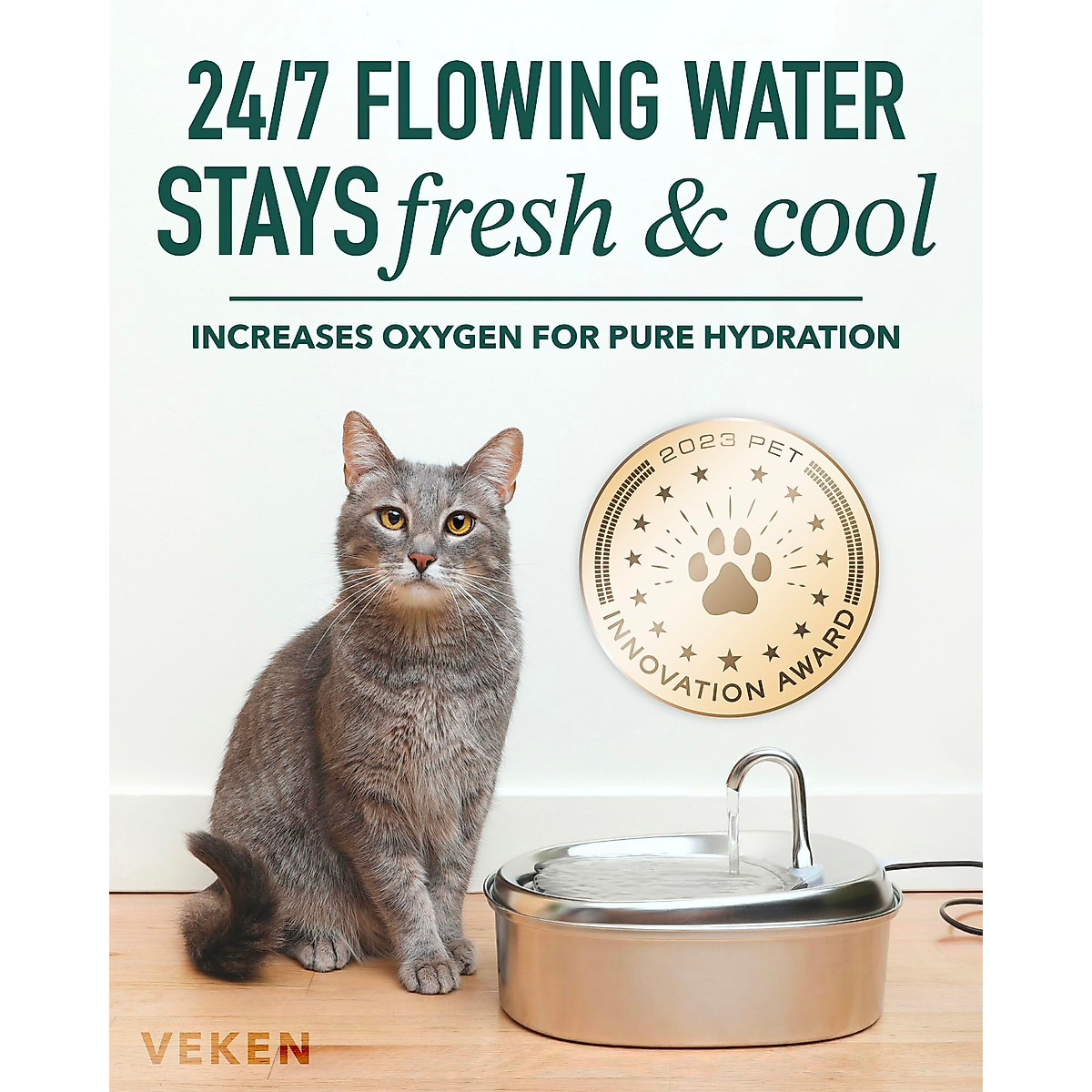 Veken Innovation Award Winner - 85oz/2.5L Oval Stainless Steel Pet Fountain, Automatic Cat and Dog Water Dispenser for Cats, Dogs, Cat Water Fountain, Multiple Pets