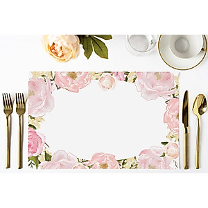 DB Party Studio Paper Placemats Pack of 25 Easy Cleanup Disposable Place Mats Gorgeous Pink Floral Blooms Border For Bridal Shower Wedding Reception Woman's Birthday Dining Table Setting 17" x 11"