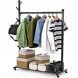 EKNITEY Clothes Garment Rack Portable - Rolling Clothing Organizer Rack on Wheels with Bottom Shelves (Black)