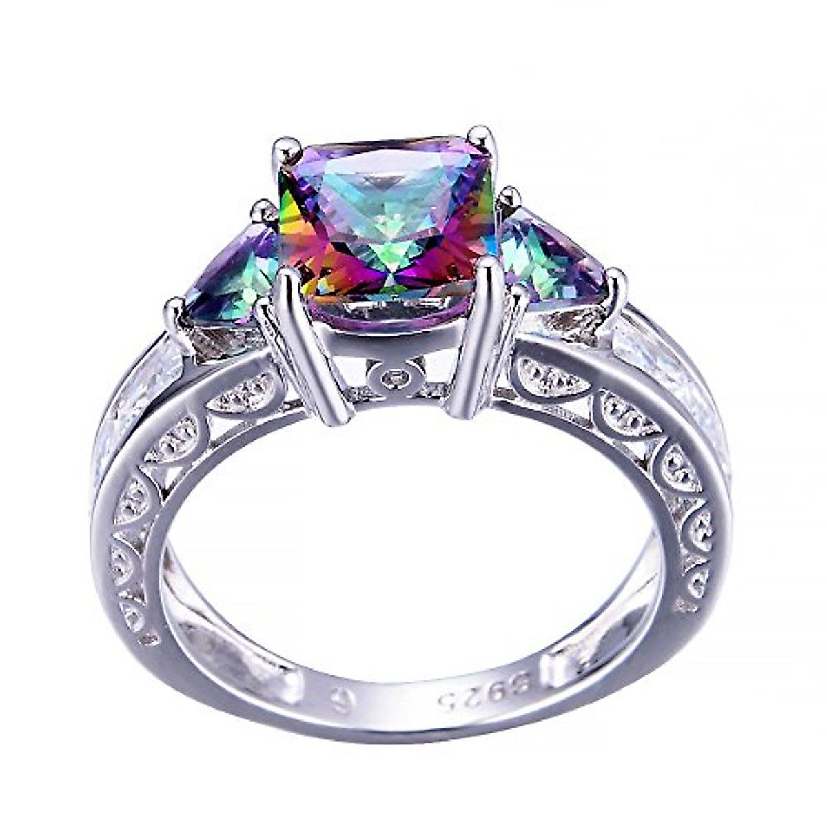 iGEM 925 Sterling Silver Princess Cut Rainbow Mystic Topaz Ring Wedding Band (6)