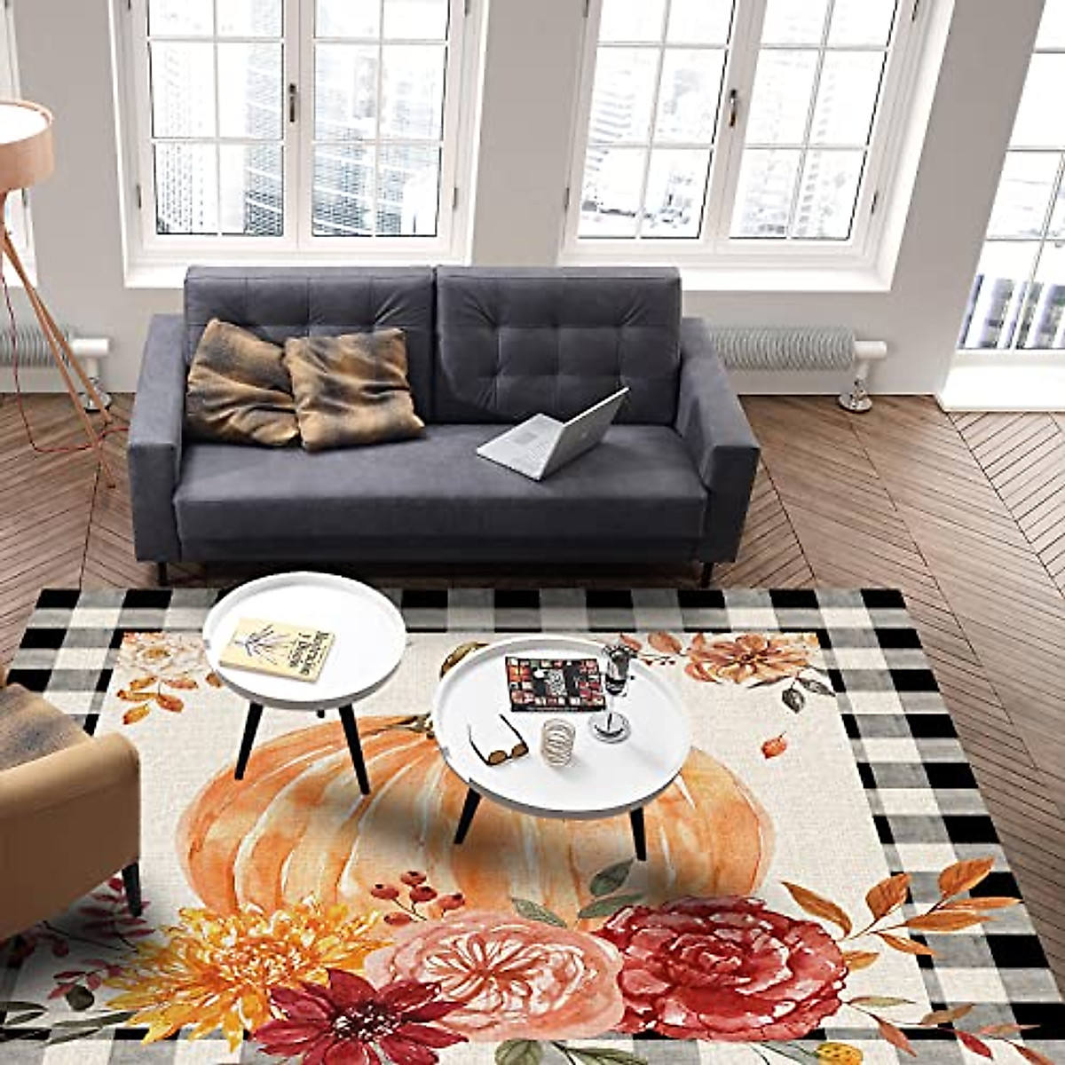 2'x3' Fall Thanksgiving Area Rug,Outdoor Indoor Washable Carpet Area+Rug for Living Room,Boys/Girls Bedroom,Bathroom,Classroom,Kitchen,Hallway,Throw Floor Mat Autumn Pumpkin Flower Leaves Plaid Check
