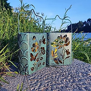 SUBOLO 2 Pack Hanging Solar Lanterns Outdoor Waterproof Retro Solar Lights Metal LED Decorative Dragonfly Butterfly Christmas Lights Tabletop Lamp for Garden Patio Courtyard Lawn