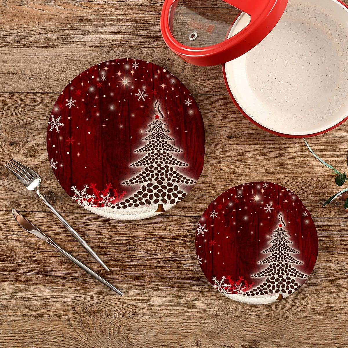 Kigai Christmas Tree Pot Holder Set of 2, Heat Resistant Round Cotton Hot Pads Table Mats Trivets for Hot Dishes/Pot/Bowl/Teapot/Hot Pot Holders, 7 Inch + 9 Inch