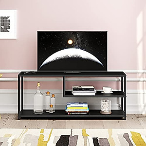 HOME BI TV Stand for 50-55 Inch TV, Entertainment Center with Storage, Wood Console for Living Room, Black Cabinet with Metal Frame