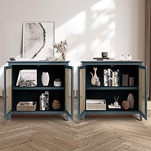 Warmiehomy Rattan Sideboard Buffet Cabinet Accent Storage Cabinet with Doors & Shelf Kitchen Cupboard Console Table Teal Cabinet for Living Room Dining Room Hallway Entryway, Natural, Green