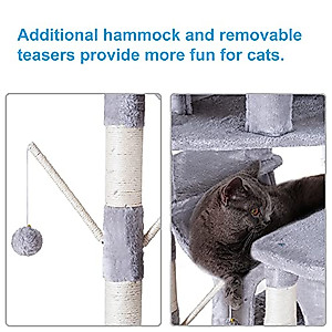 Hey-brother Cat Tree, 71 inches XL Large Cat Tower for Indoor Cats, Multi-Level Cat House with 3 Padded Perches, Big Scratcher, Cozy Basket, 2 Cat Condos and Scratching Posts, Light Gray MPJ034W