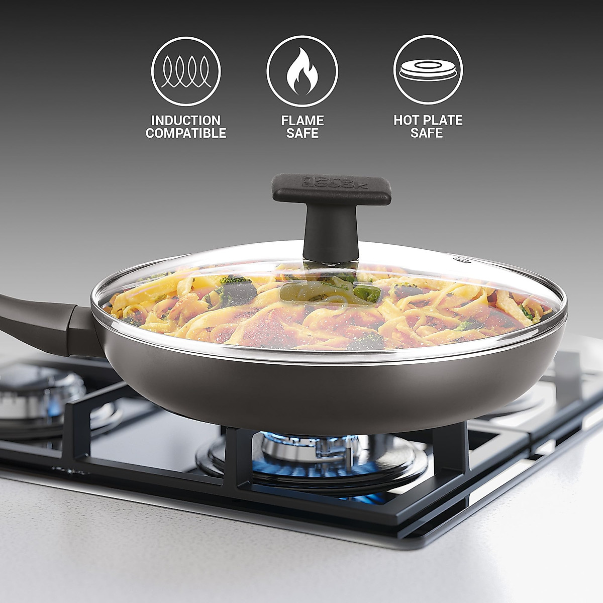 Milton 8 inch Nonstick frying pan nonstick with lid. Large pan for egg omelette, pancake. Flat bottom Stir fry skillet for electric induction cookware. Dishwasher & Oven safe (Aluminium)