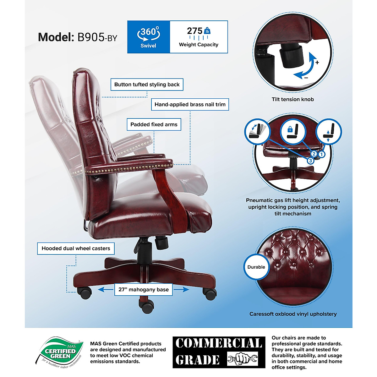 Boss Office Products Classic Executive Caressoft Chair with Mahogany Finish in Burgundy
