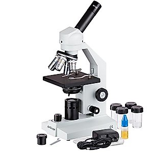 AmScope M500C-LED Cordless Monocular Compound Microscope, WF10x and WF25x Eyepieces, 40x-2500x Magnification, LED Illumination, Brightfield, Abbe Condenser, Coarse and Fine Focus, Plain Stage