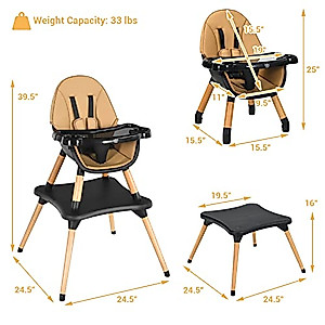 BABY JOY 5 in 1 High Chair, Convertible High Chairs for Babies and Toddlers/Booster Seat/Table and Chair Set, Infant Wooden Highchair w/ 5-Point Harness, 4-Position Removable Tray & PU Cushion, Coffee